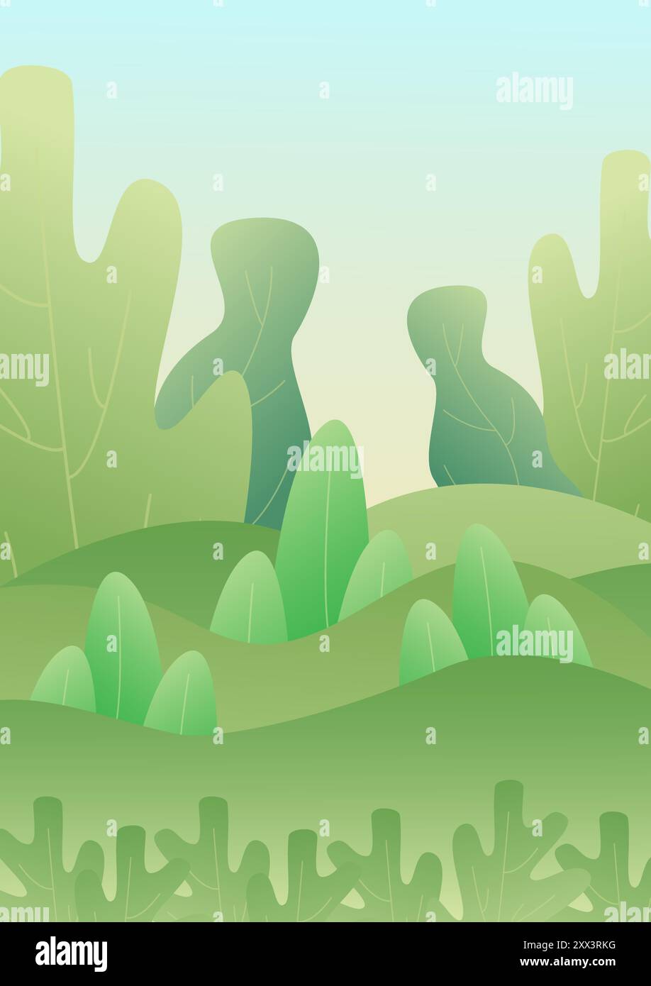 Forest Landscape, green trees park, foliage in summer. Vertical 2d ...