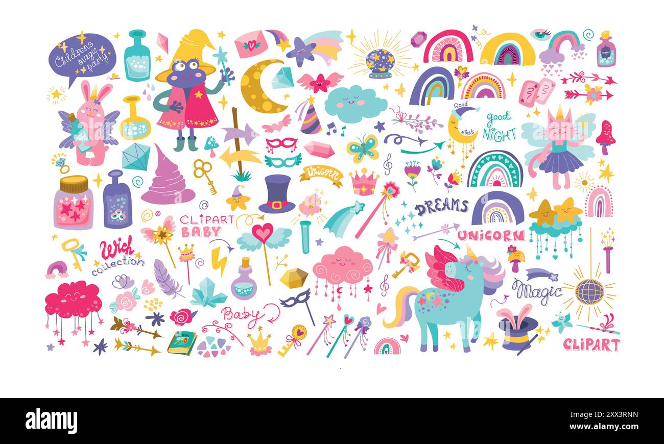 Childrens magic elements. Cute colorful big set with unicorn, rainbow ...