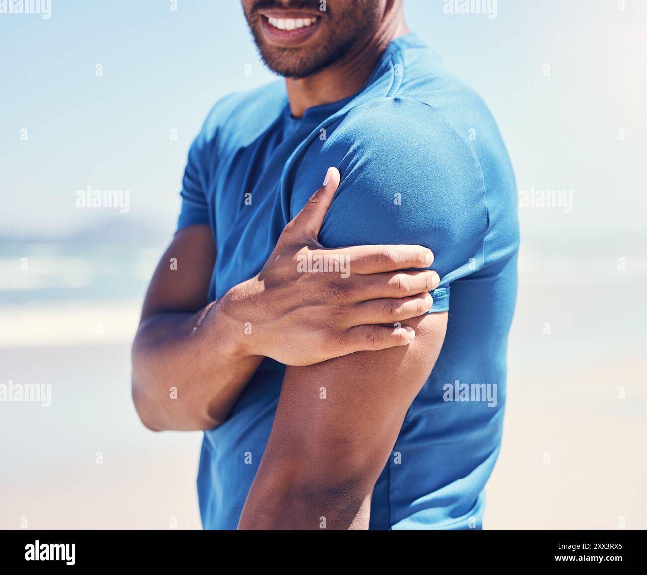 Outdoor, arm and person in pain, sore and accident in workout of ...