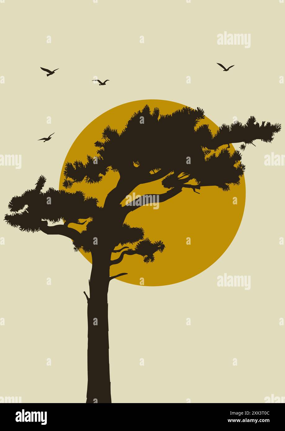 Summer landscape sunset aesthetic tree silhouette poster. Wall art ...