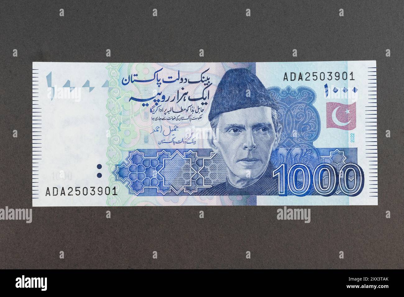 Pakistani 1000 Rupees Blue Color Banknote Front Feathering Muhammad Ali ...