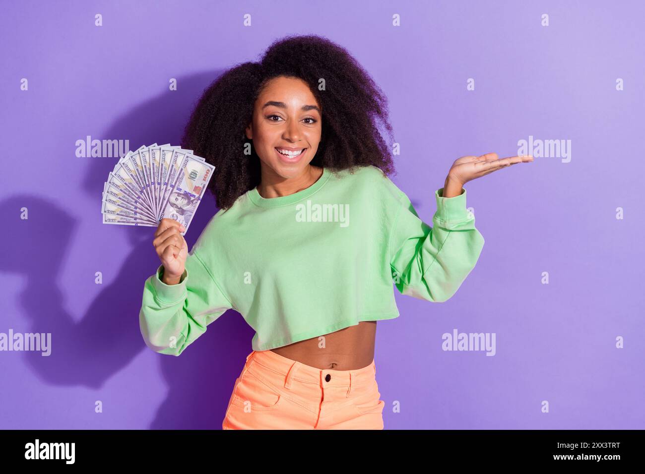 Portrait of rich young american girl with funny chevelure curly hair ...