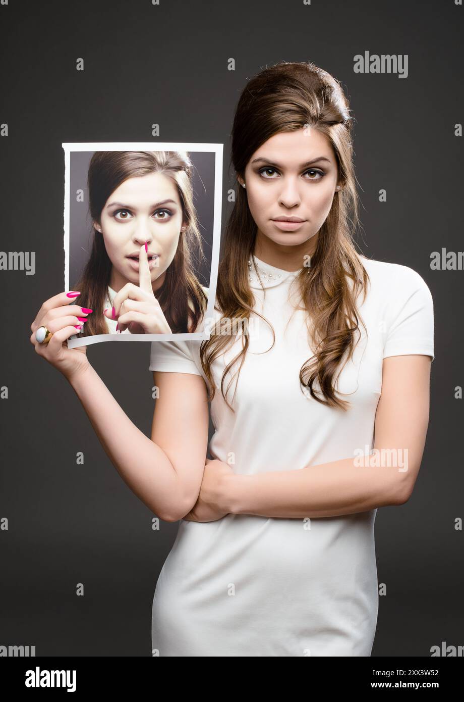 Secret, portrait and woman with picture for silence, gossip and whisper ...