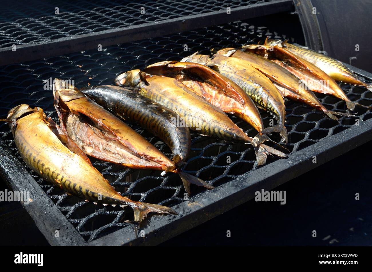 Barbecue fish frying on a charcoal grill Stock Photo - Alamy