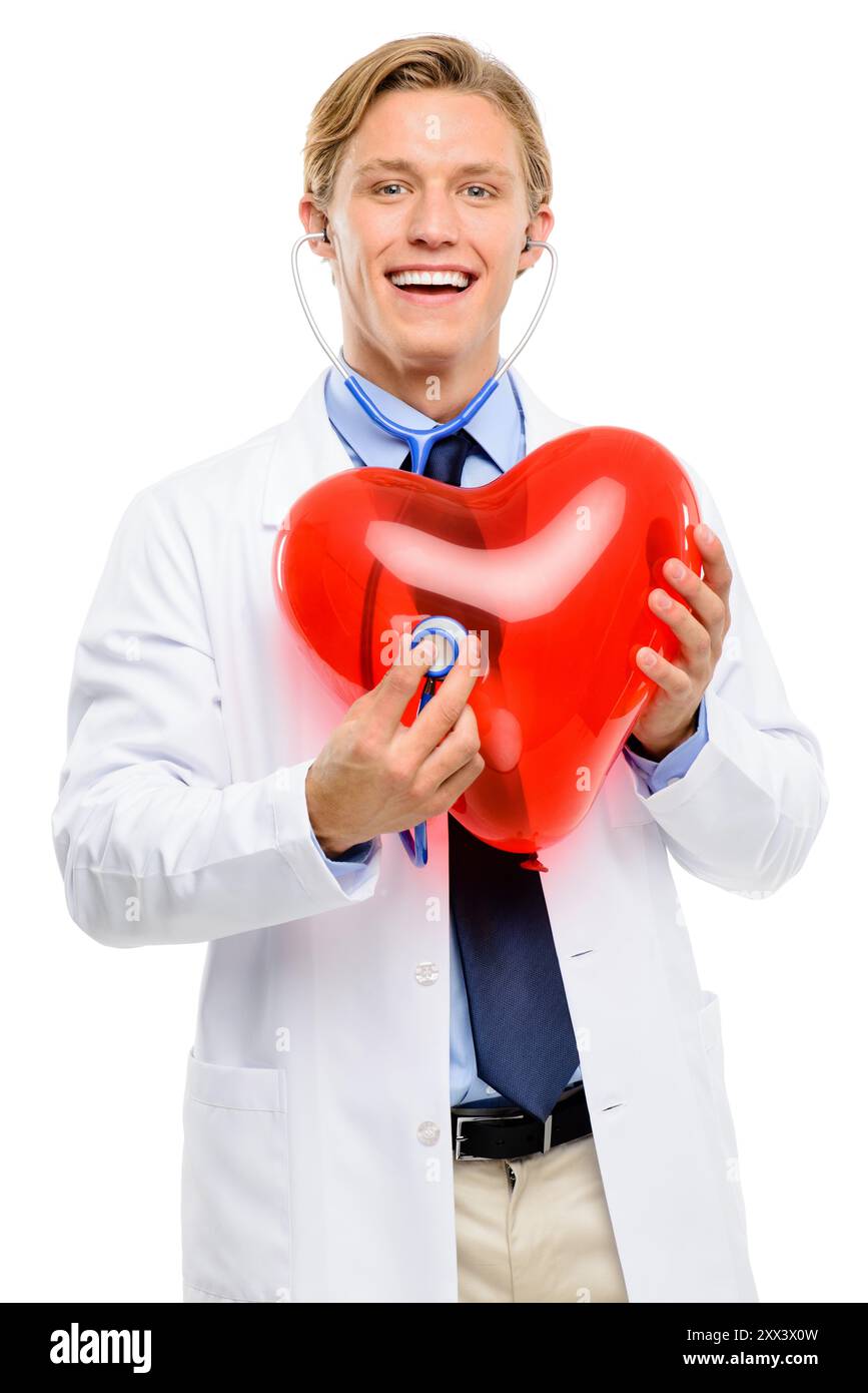 Man, cardiologist and stethoscope on heart in studio on white ...