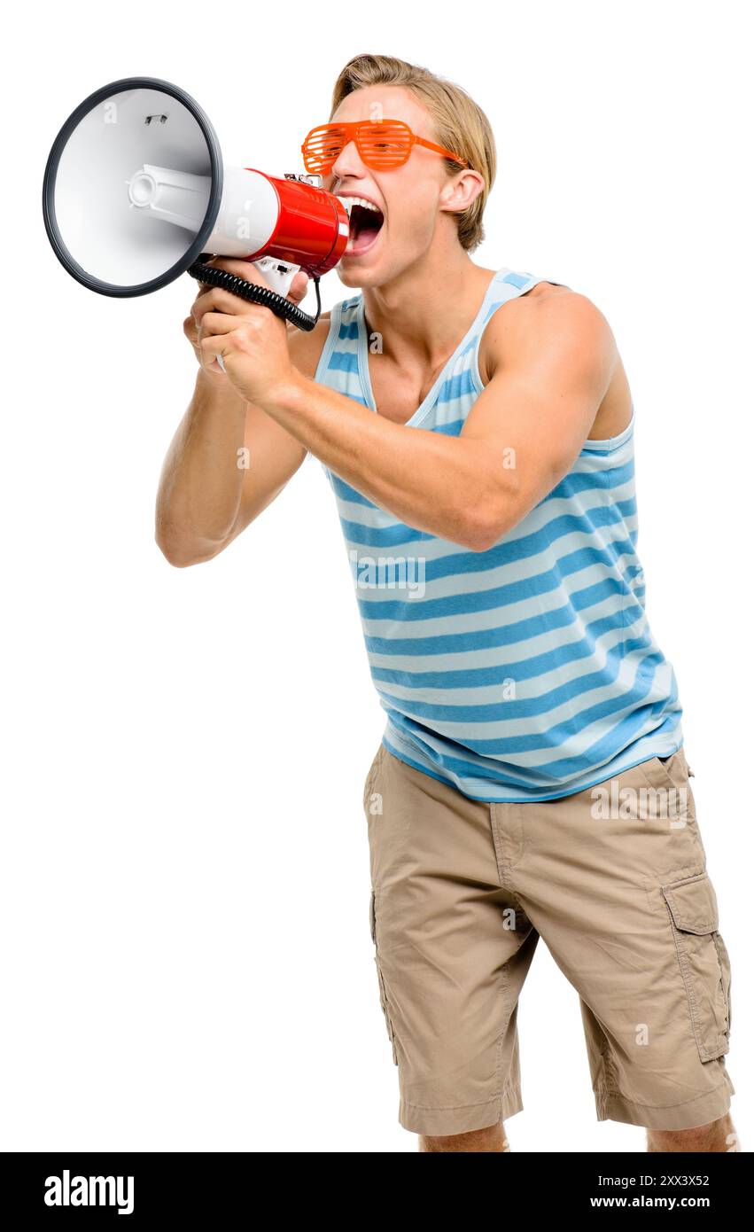 Fashion, megaphone or man in studio for announcement, loud ...