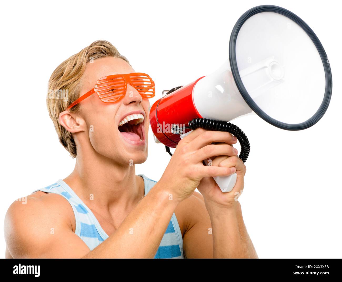 Fashion, speaker or man in studio for announcement, loud communication ...