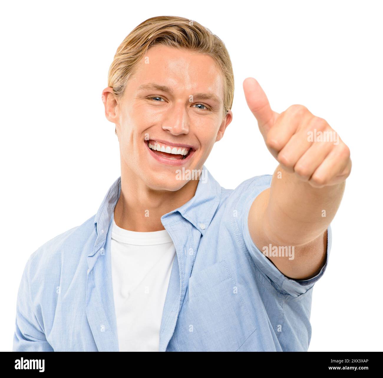 Portrait, excited man and thumbs up for excellence, success or quality ...