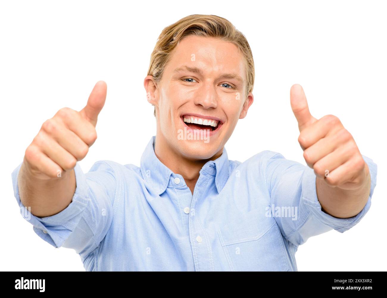 Portrait, happy businessman and thumbs up for success, excellence or ...