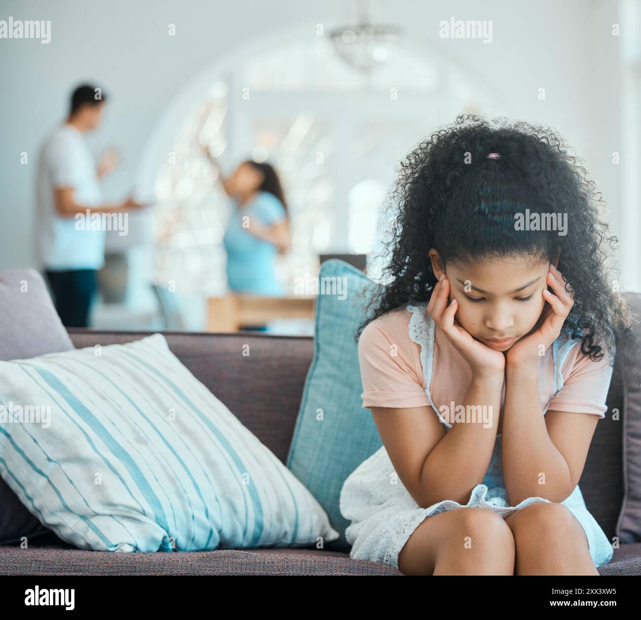 Sad girl, house and parents with conflict, fighting and anxiety with ...