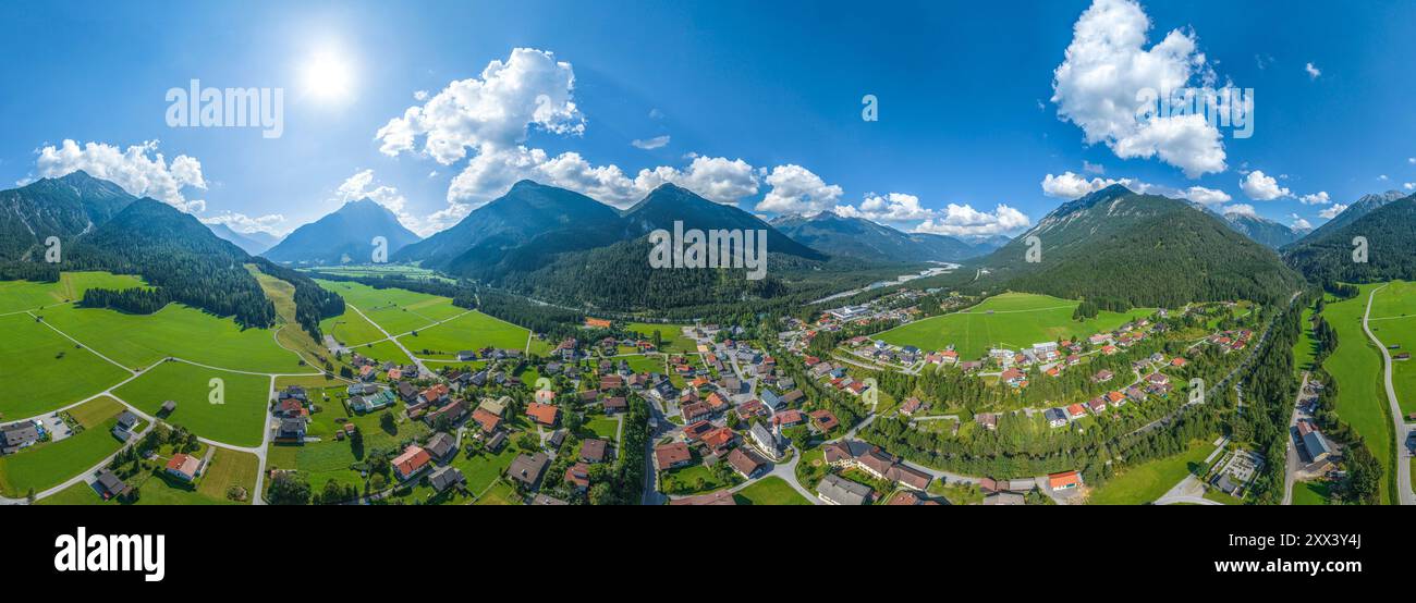 Aerial view to the Lech Valley around the little village of Stanzach ...