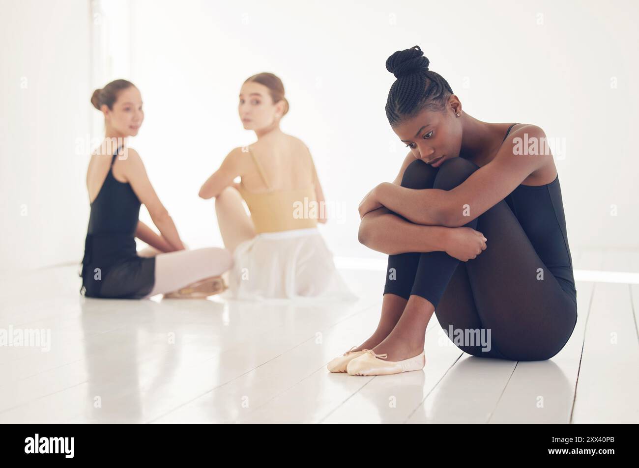 Dancer, ballet and sad in studio for bullying, gossip and ...