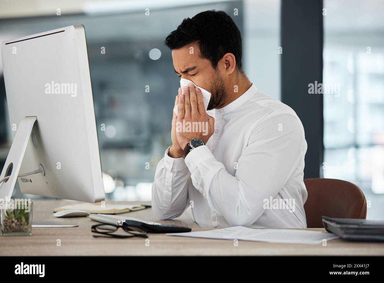 Sick, business man and blowing nose from illness and disease at work ...