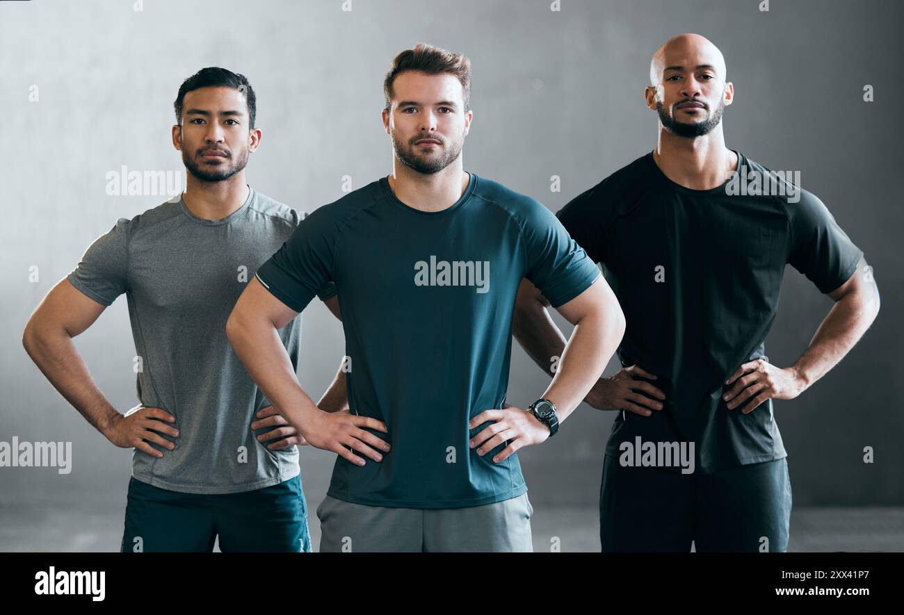 Fitness, portrait and group of men in studio for exercise, support and ...