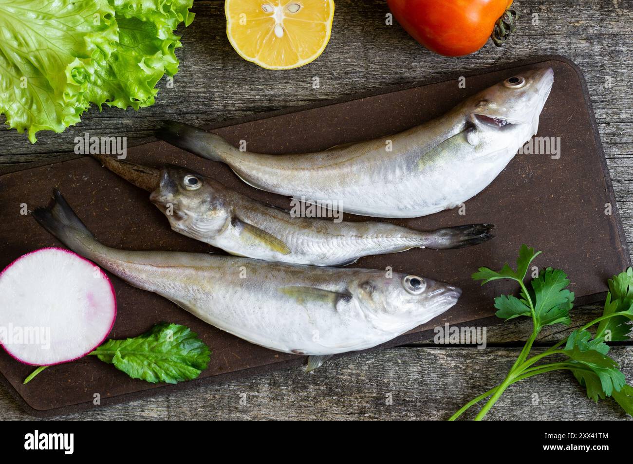 Fresh uncooked haddock fishes on rustic background, raw whiting fish ...