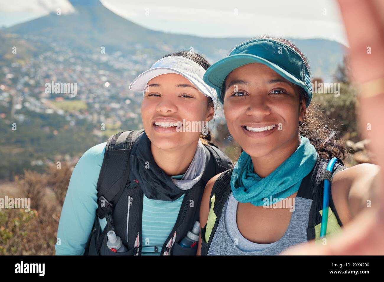 Hiking, women and portrait with selfie on mountain for profile picture ...