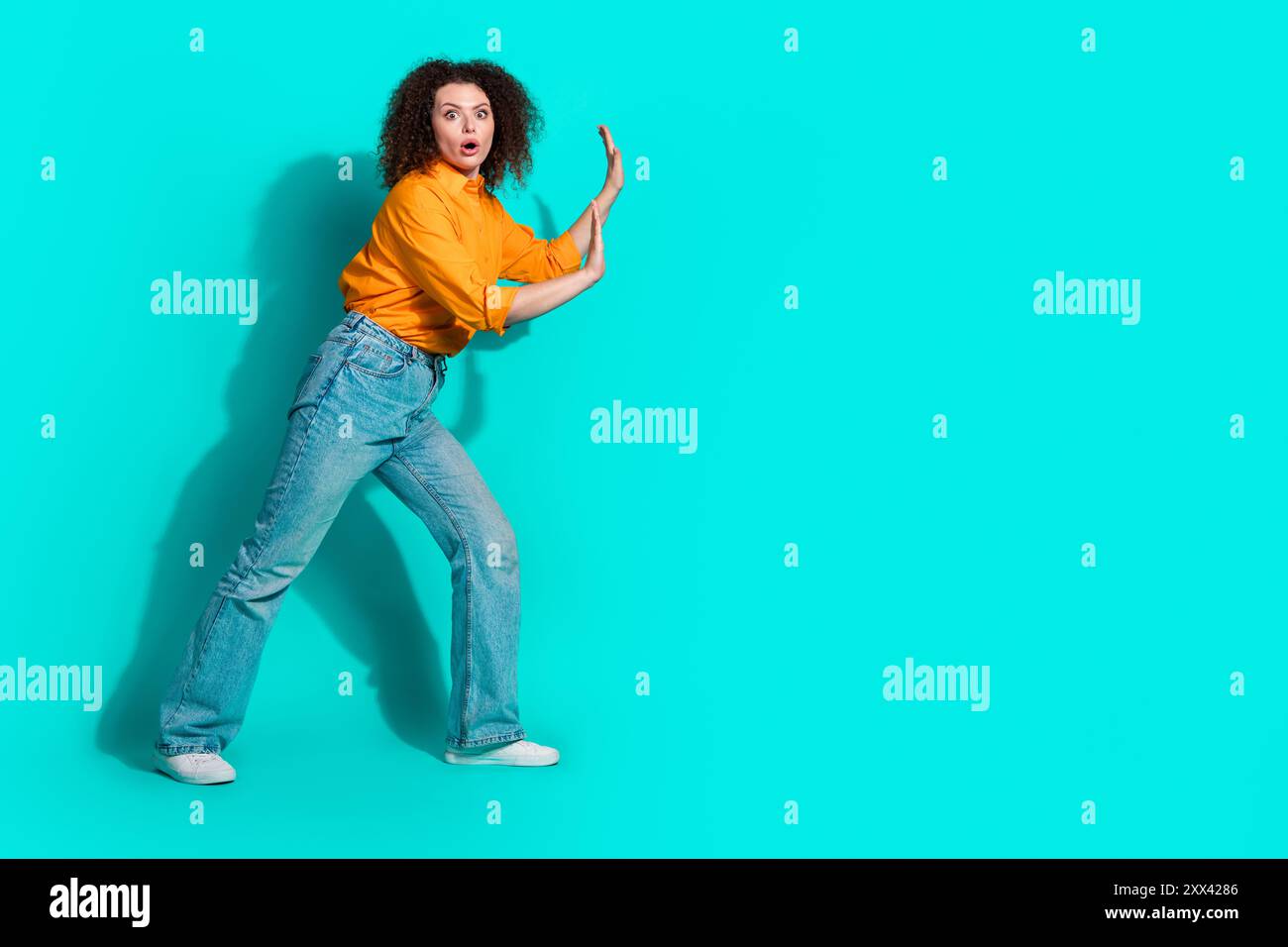 Full size photo of impressed astonished woman dressed orange shirt ...