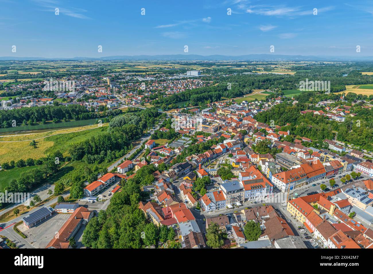 Aerial view to the Isar Valley around the district town of Landau in ...