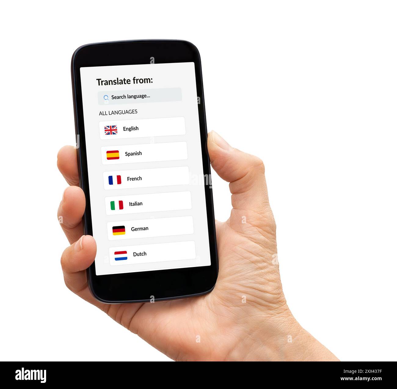 Hand holding a black smart phone with language translator app concept ...