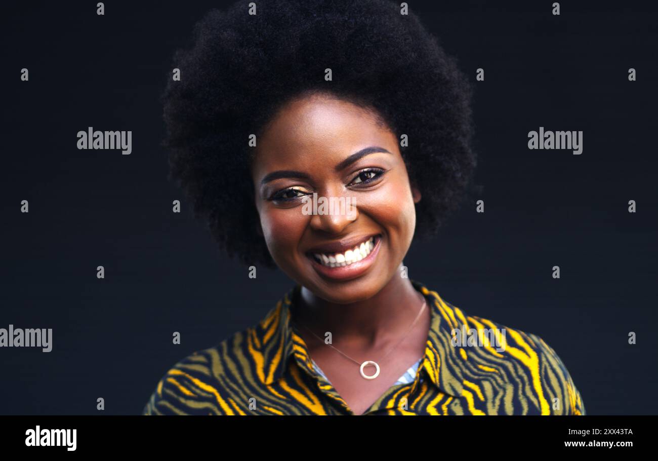 Smile, afro and black woman with portrait in studio for makeup with ...
