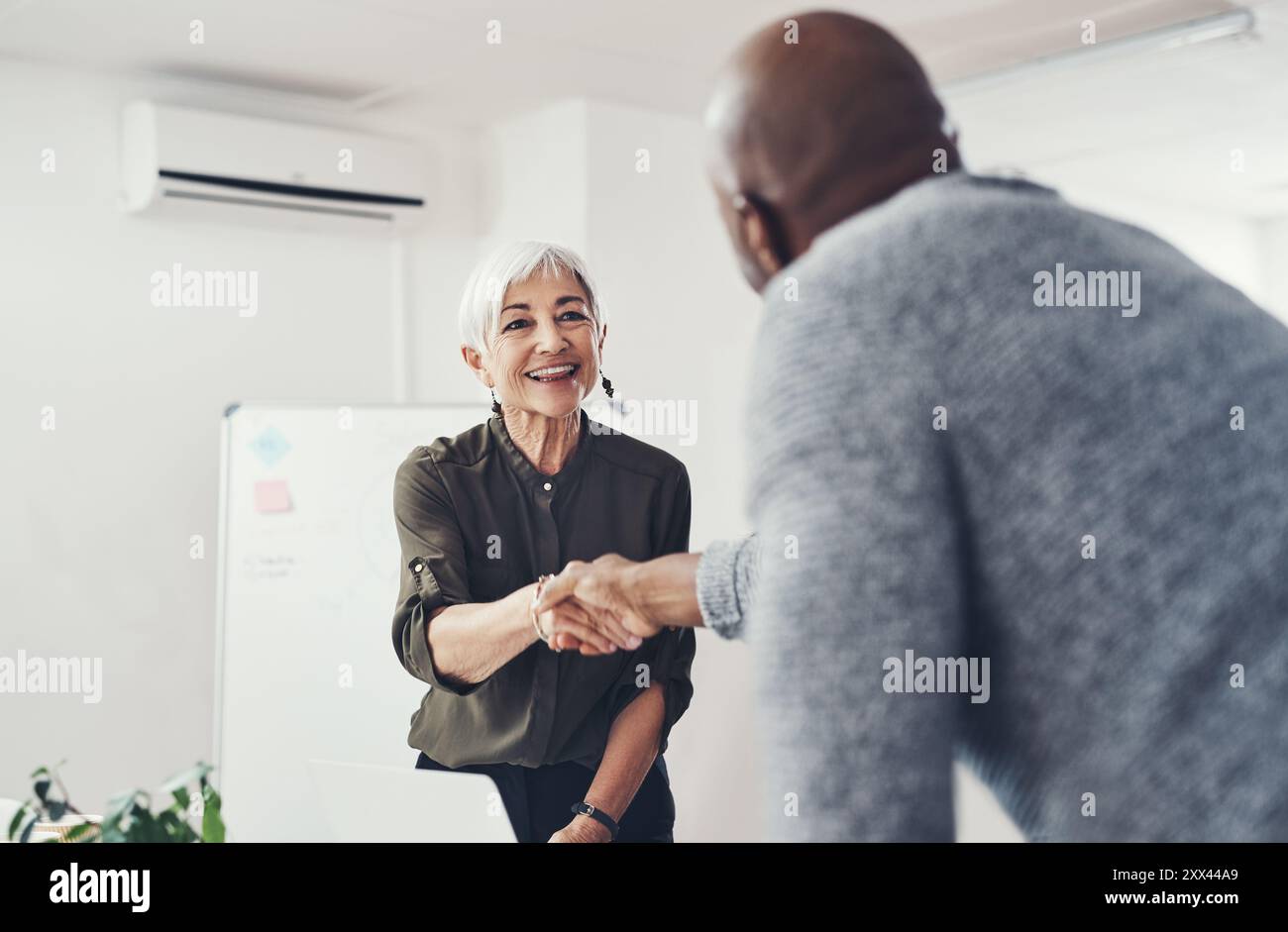 Meeting, woman and man with handshake in workshop for onboarding, b2b ...