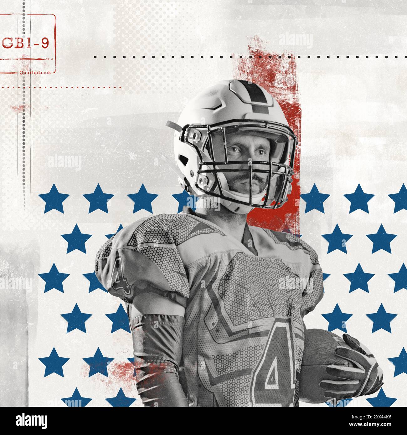 Poster. Contemporary artwork. Focused football player stands ready ...