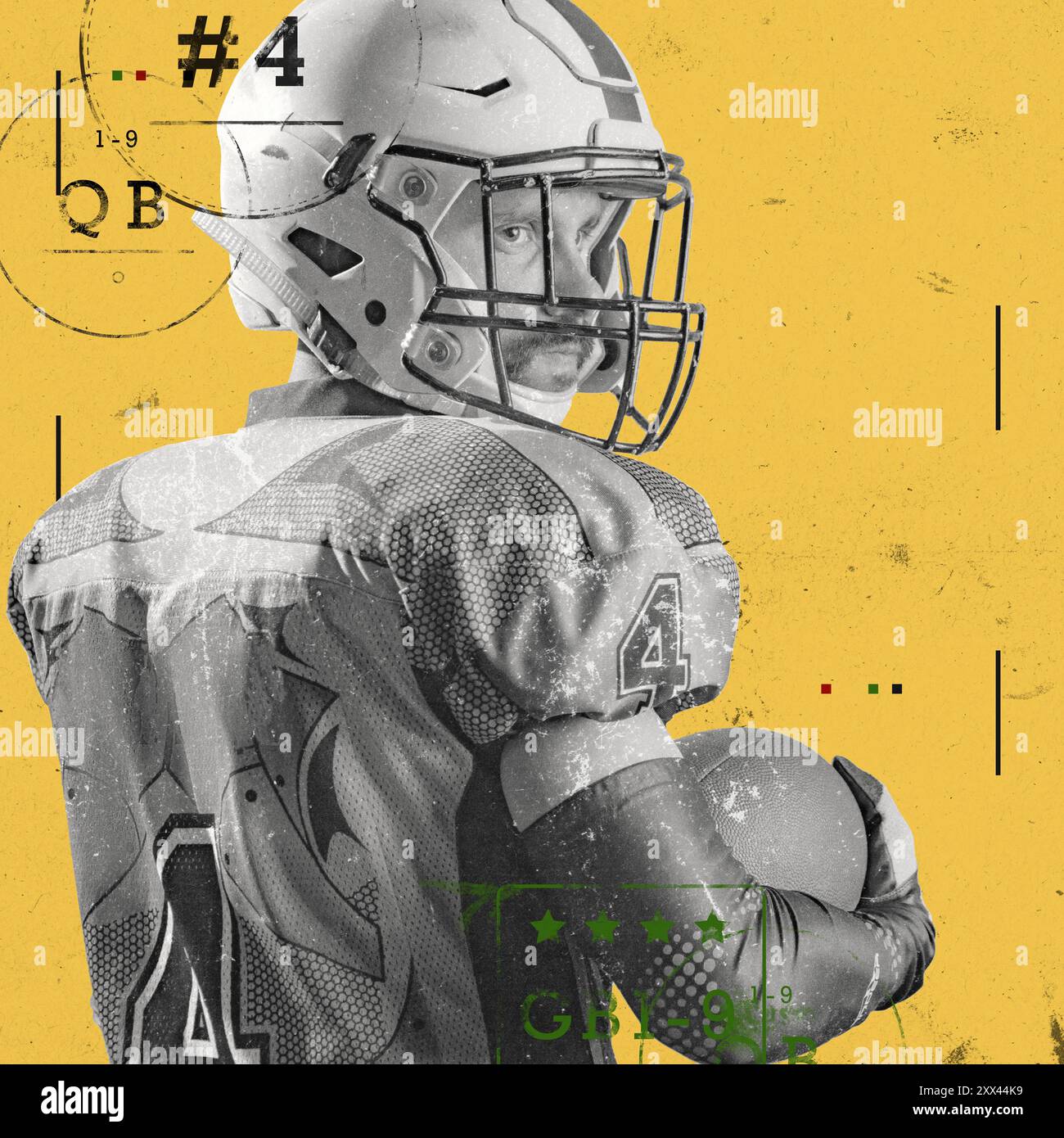 Poster. Contemporary artwork. Quarterback, looks over shoulder with ...