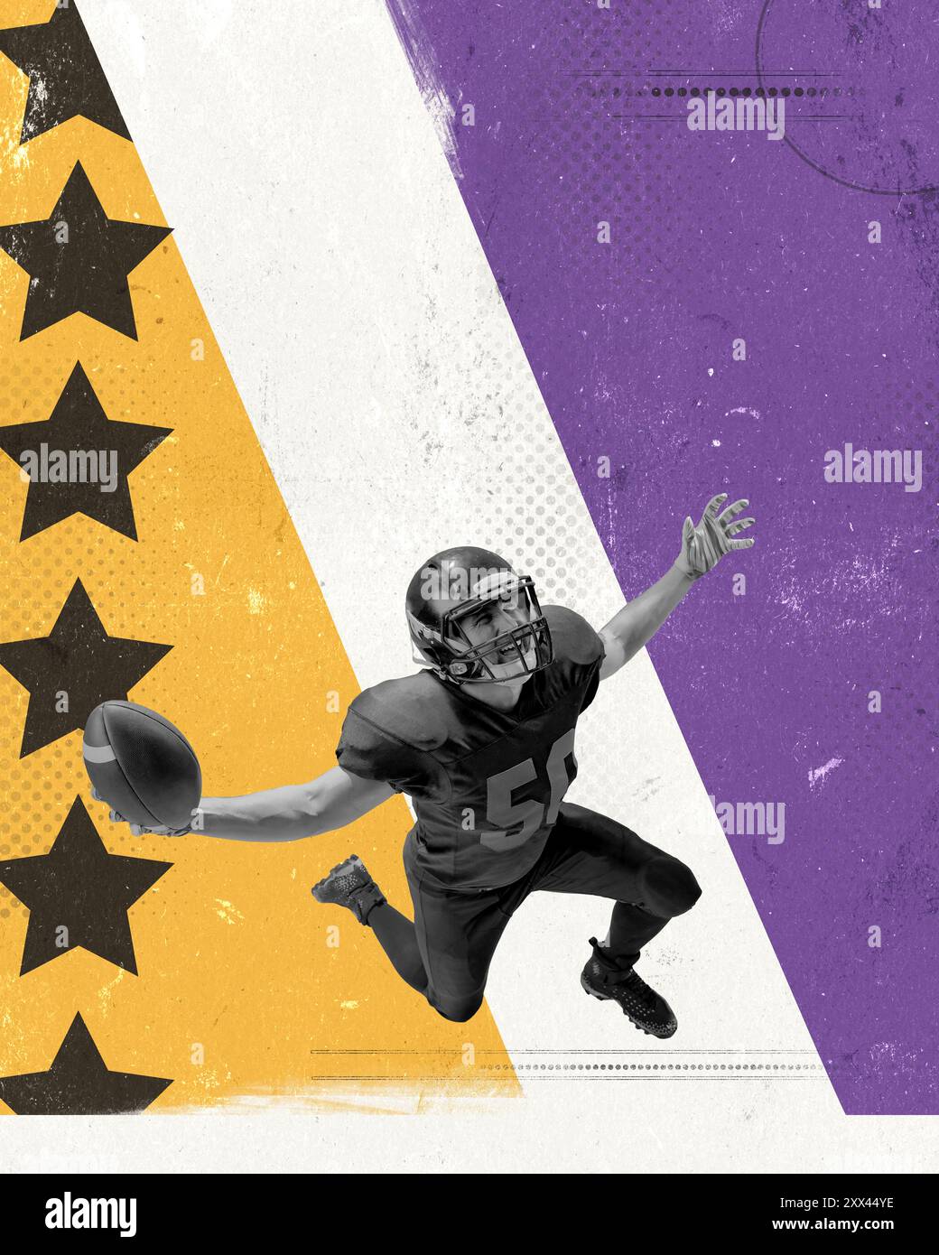 Poster. Contemporary artwork. Triumphant football player kneeling with ...