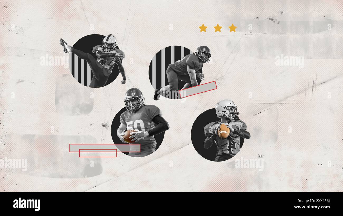 Poster. Contemporary artwork. Football players captured in action, each ...