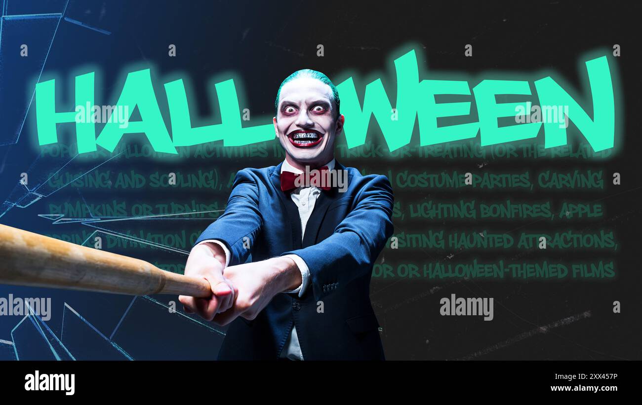 Creepy crazy man, maniacal figure with bat and cringe makeup against ...