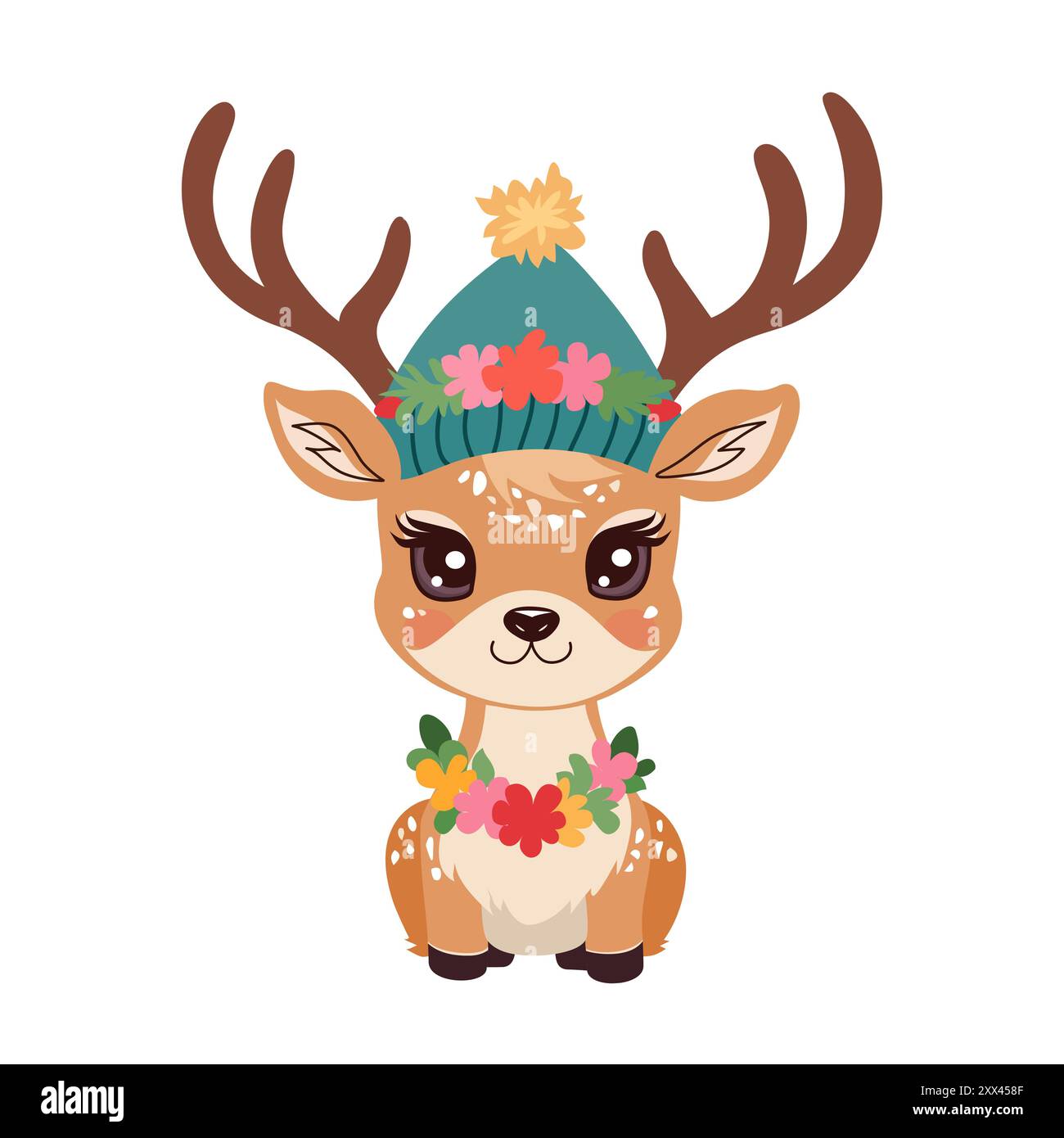 Vector illustration of a cute little deer with a hat and a wreath of ...