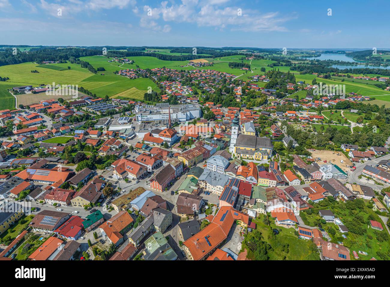 Aerial view of the market village of Waging am See in Rupertiwinkel in ...