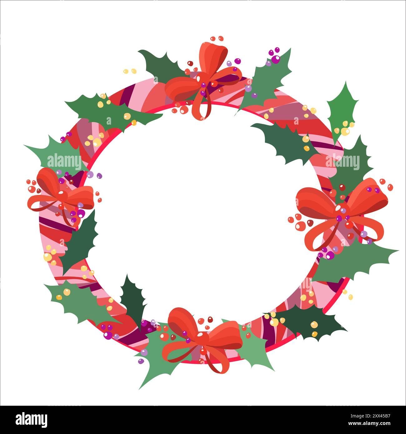 Multicolored Christmas round wreath with bows, green leaves and holly ...