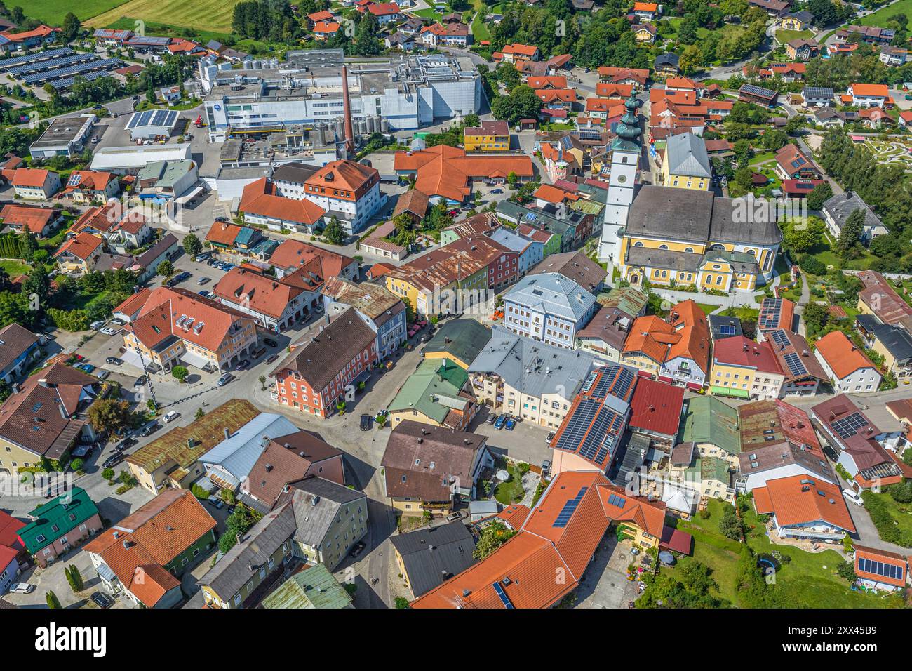 Aerial view of the market village of Waging am See in Rupertiwinkel in ...