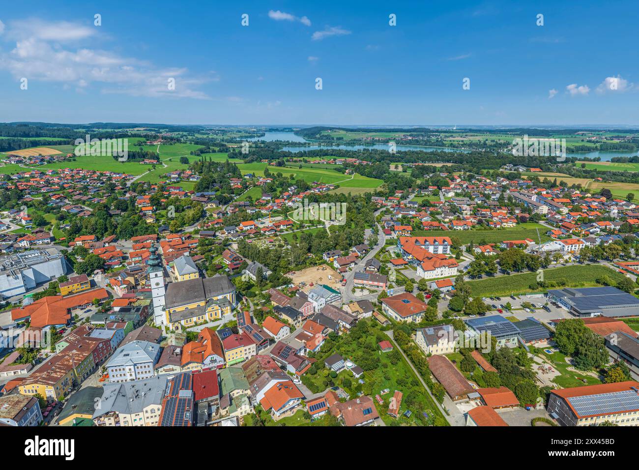 Aerial view of the market village of Waging am See in Rupertiwinkel in ...