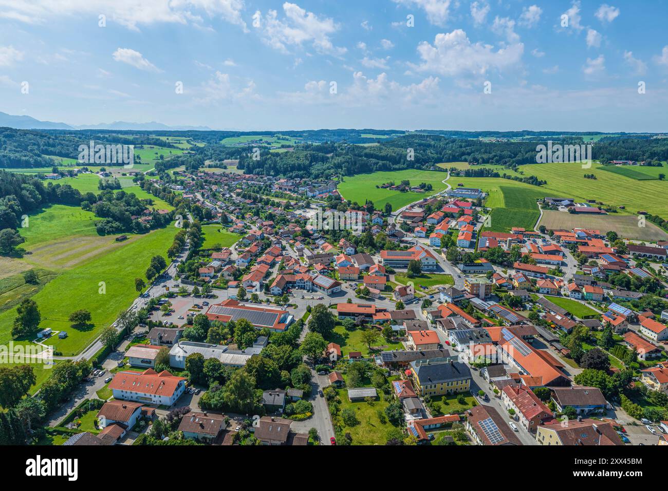 Aerial view of the market village of Waging am See in Rupertiwinkel in ...