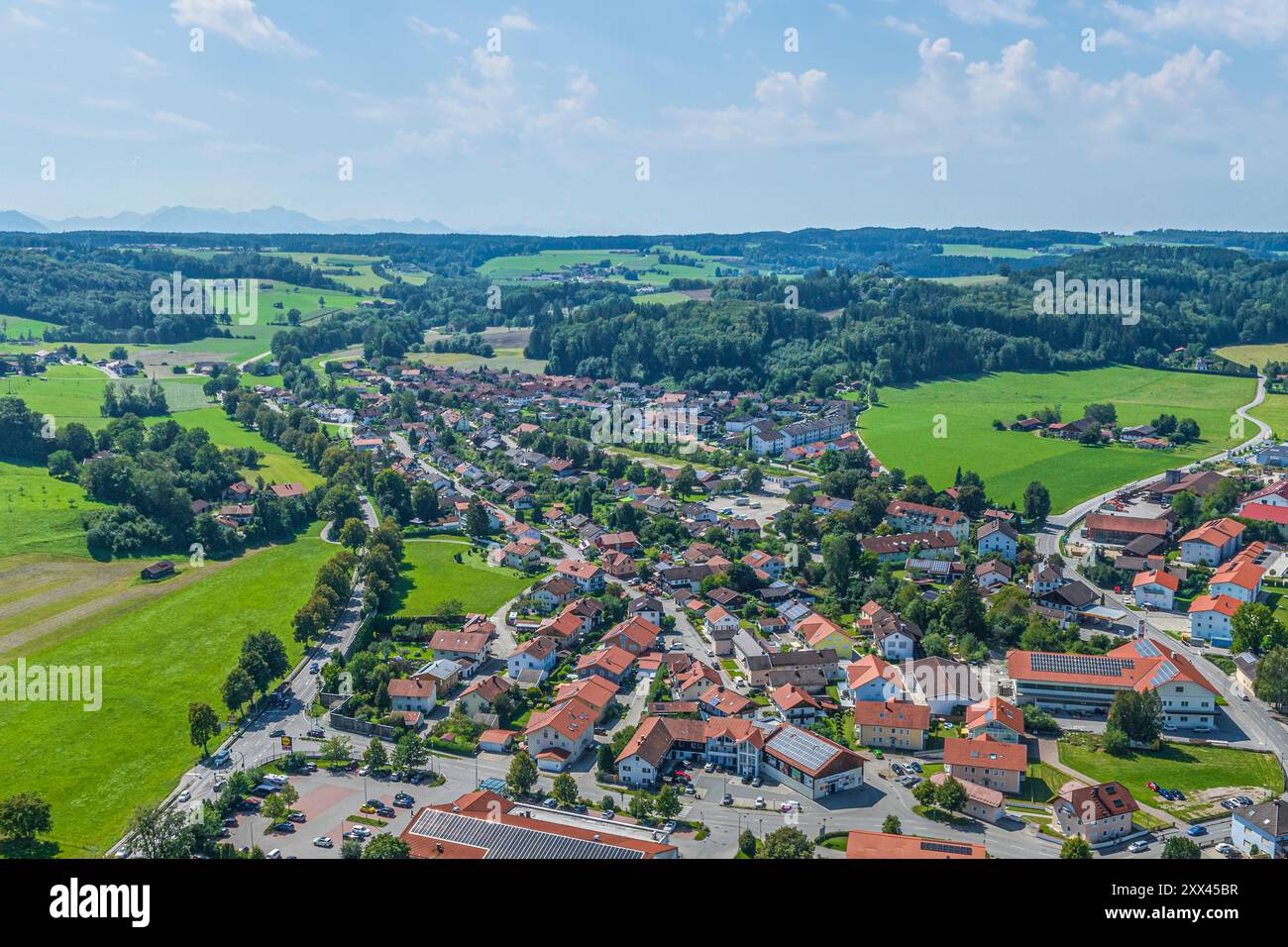 Aerial view of the market village of Waging am See in Rupertiwinkel in ...