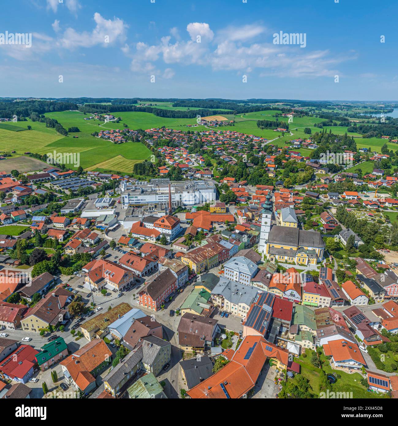 Aerial view of the market village of Waging am See in Rupertiwinkel in ...