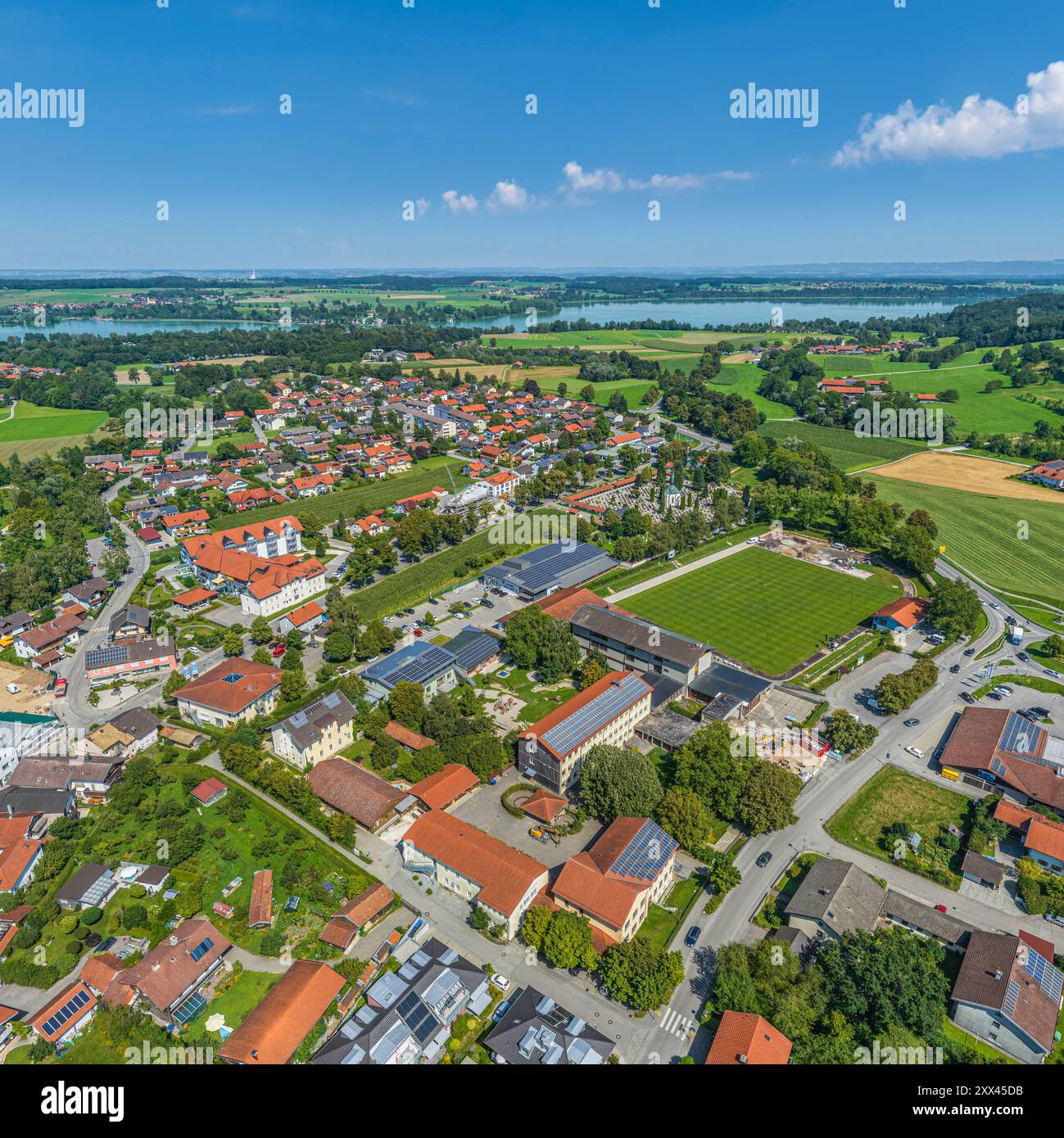 Aerial view of the market village of Waging am See in Rupertiwinkel in ...