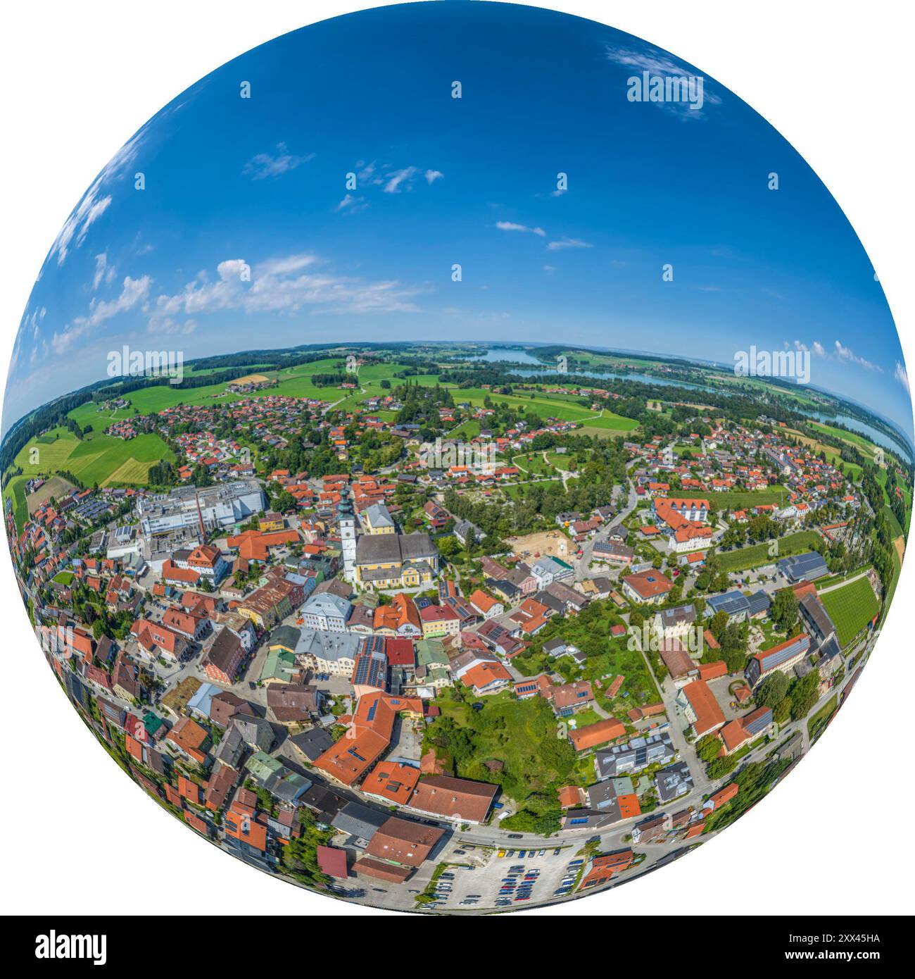 Aerial view of the market village of Waging am See in Rupertiwinkel in ...