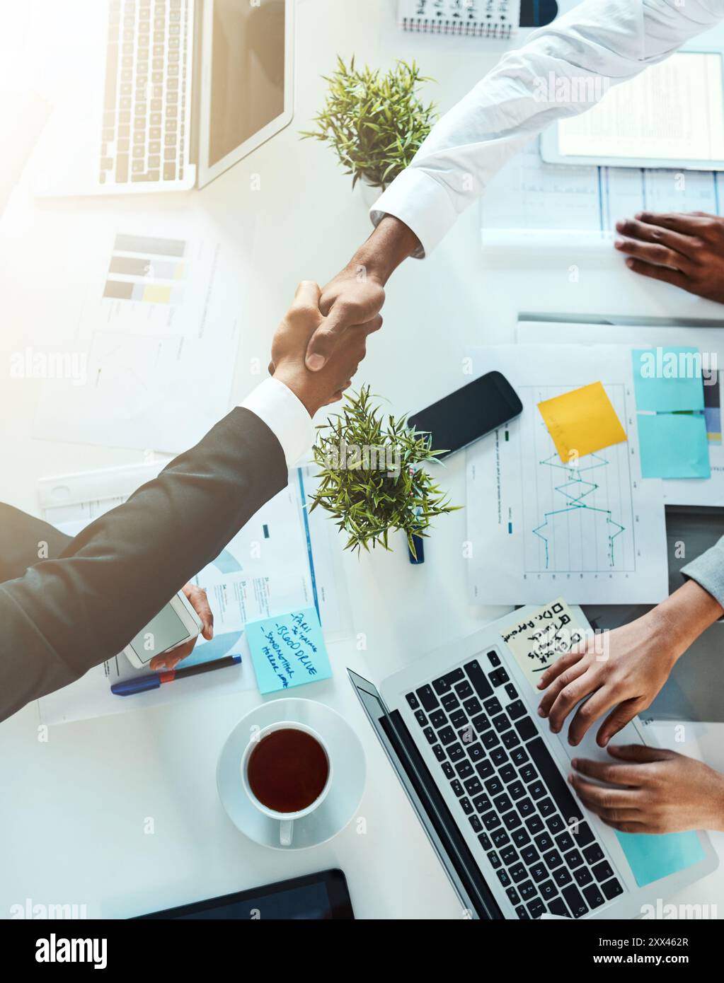 Above, business people and meeting with handshake for partnership ...