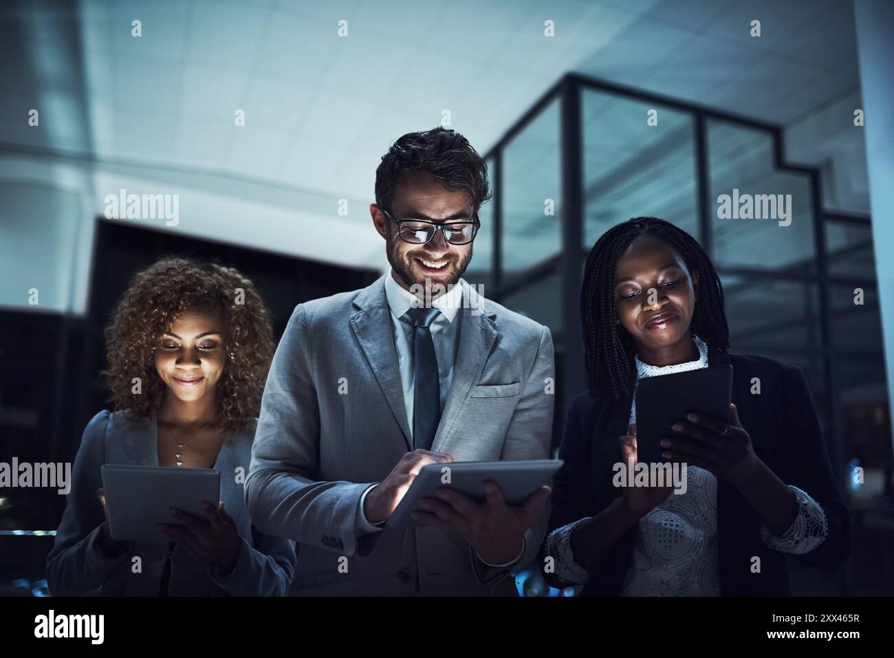 Group, tablet and business people teamwork on research, digital ...