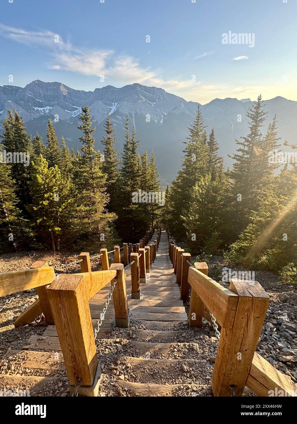 A section of stairway leading down the summit of Ha Ling Peak in ...