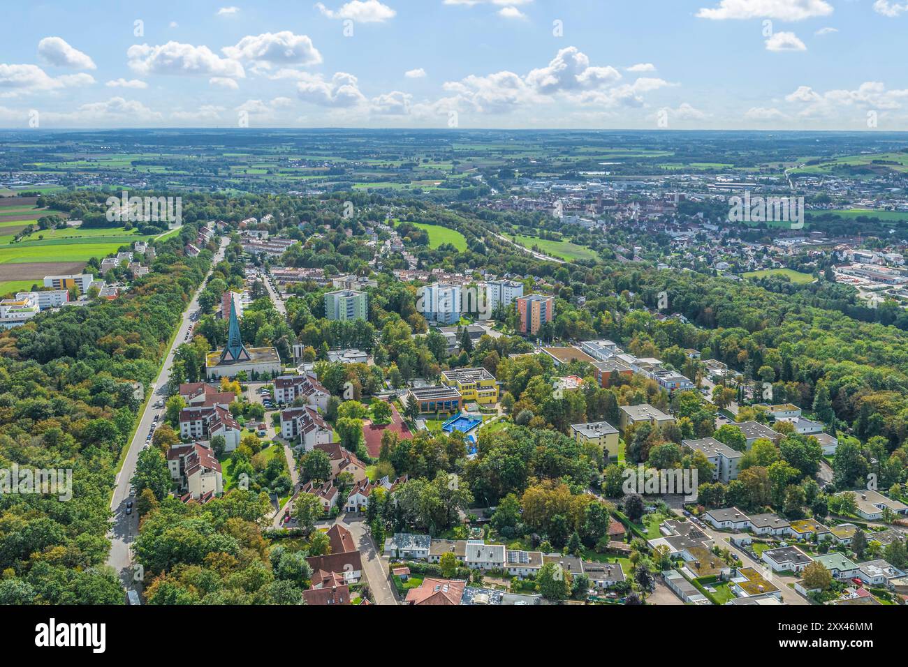 Donauwörth in northern Swabia from above, view of the park town on the ...