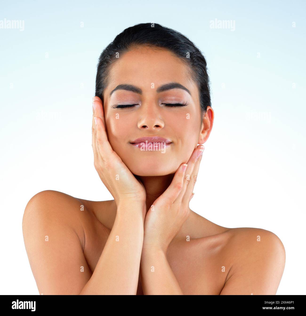 Skincare, smile and calm woman in studio with hydration, collagen and ...