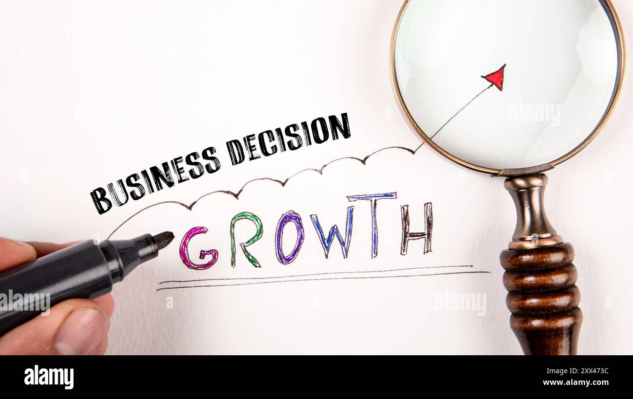 Business Decision Concept. Magnifying glass and growth arrow on white ...