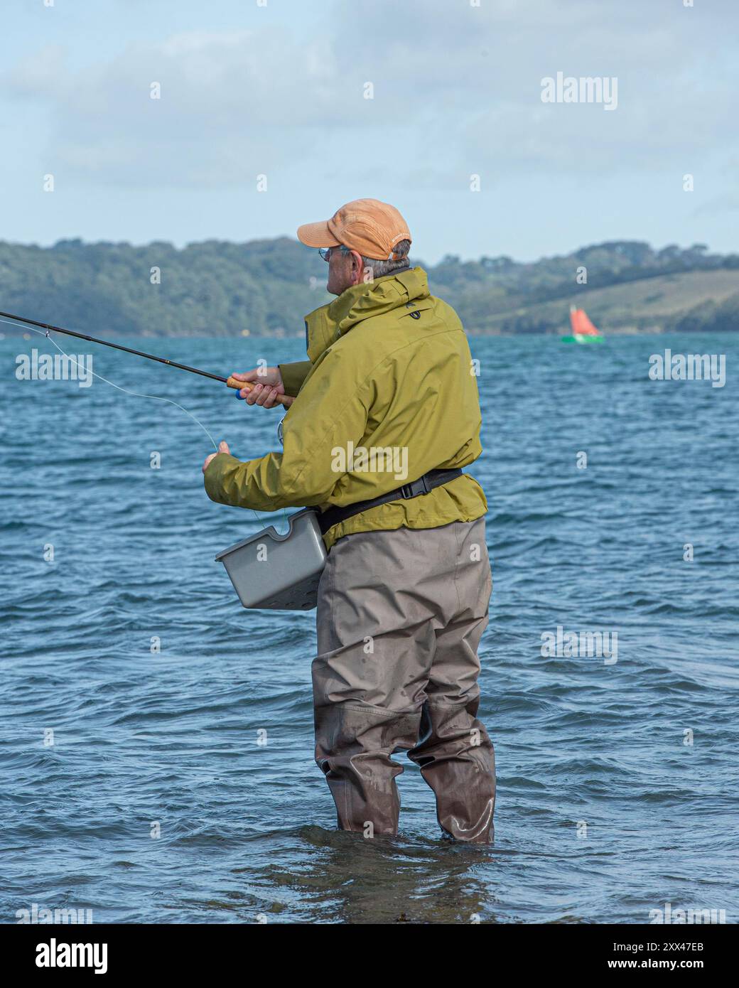 rear view of an adult man, sea fishing with a fly rod Stock Photo - Alamy