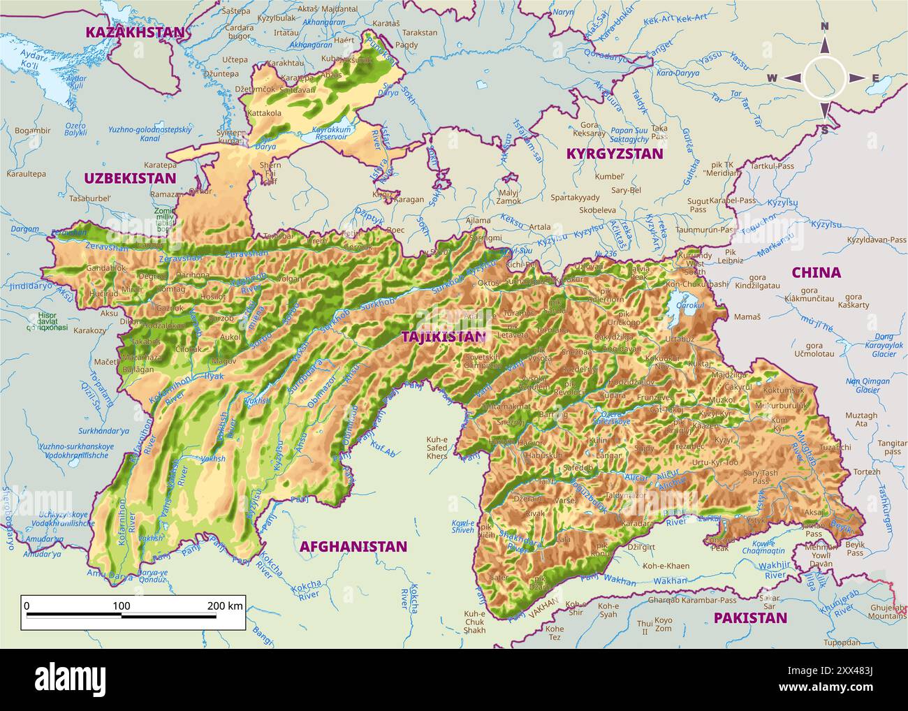 Detailed physical map of Tajikistan Stock Vector Image & Art - Alamy