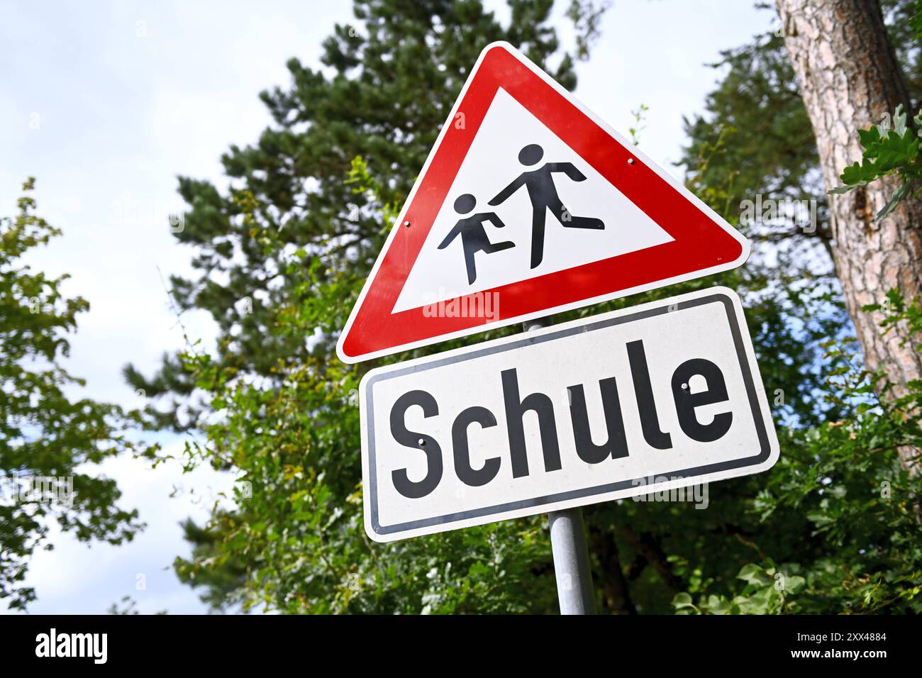 Schild mit Schulkinder-Symbol und Aufschrift Schule *** Sign with ...