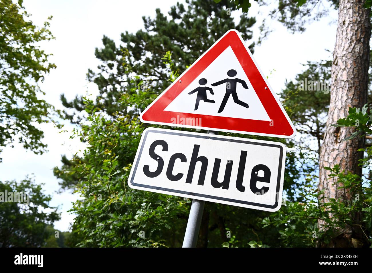 Schild mit Schulkinder-Symbol und Aufschrift Schule *** Sign with ...